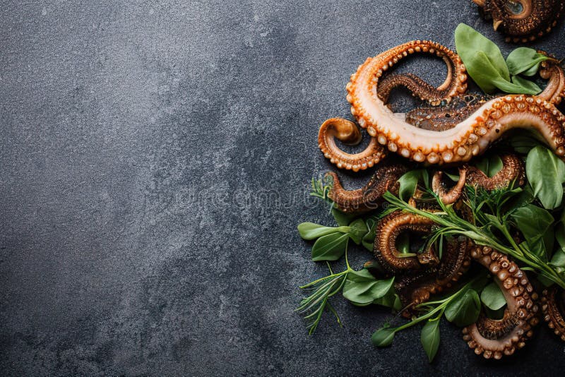 Pieces of Fresh Octopus with Greenery. Copy Space Stock Photo - Image ...