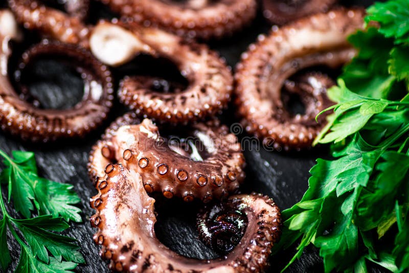 Pieces of Fresh Octopus on a Stone Board with Greenery. Stock Image ...