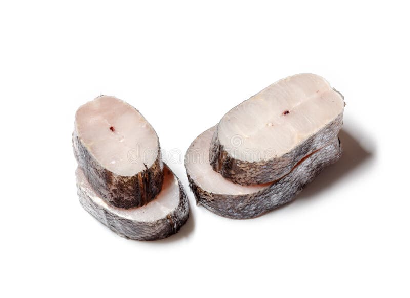 Pieces of Fresh Raw Hake Fish on White Background. Stock Photo - Image ...