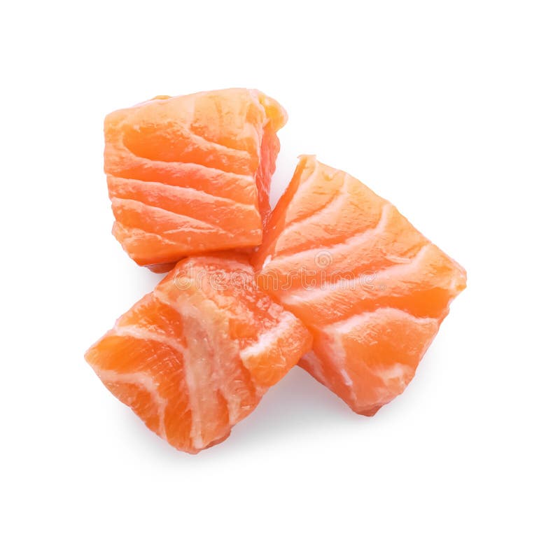 Pieces of Fresh Raw Salmon on White Background, Top View Stock Image ...