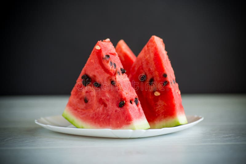 Pieces of Fresh Ripe Red Watermelon on Table Stock Photo - Image of ...