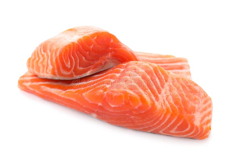 Pieces of Fresh Salmon Isolated on White Stock Photo - Image of meal ...