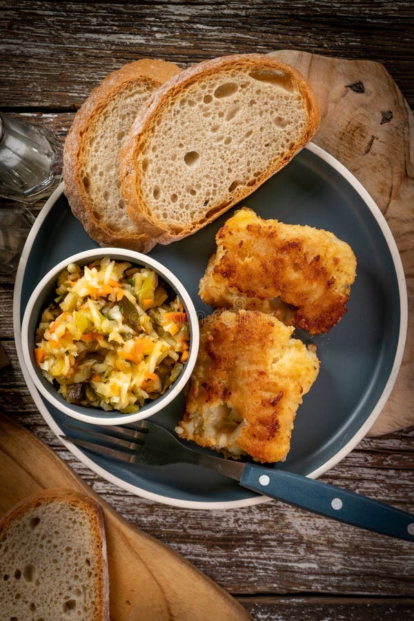 Pieces of fried cod fillet stock image. Image of view - 206790153