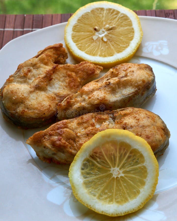 Pieces of Fried Fish with Lemon Wedges. Stock Image - Image of wedge ...