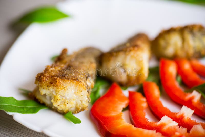 Pieces of Fried Hake Fish in a Plate with Pepper Stock Image - Image of ...