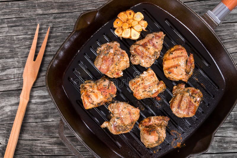 Pieces of Grilled Meat on a Skillet, Top View Stock Image - Image of ...