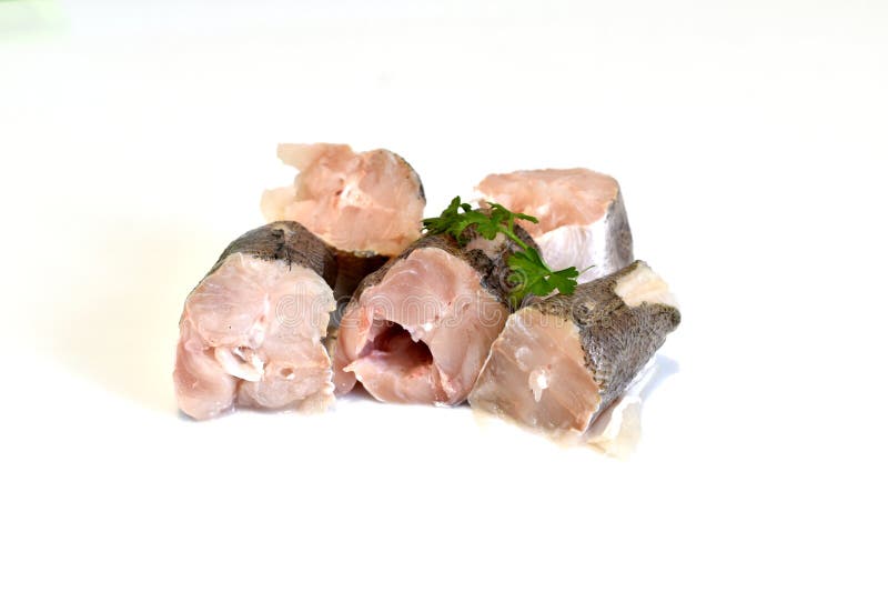 Pieces of Hake Fish on a White Background. Stock Image - Image of plate ...