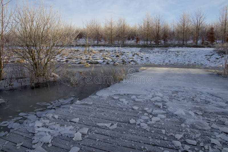 Pieces of Ice on Frozen Bridge at the Lake Stock Photo - Image of ...