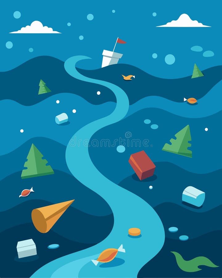 Pieces of Litter Float Downstream Caught in the Current and Slowly ...