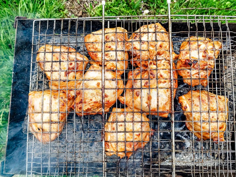 Pieces of Marinated Chicken are Baked on the Grill Stock Photo - Image ...