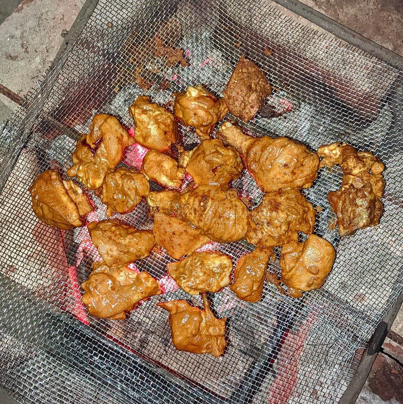 Pieces of Meat Frying on a Bricks Fire Stock Photo - Image of baking ...