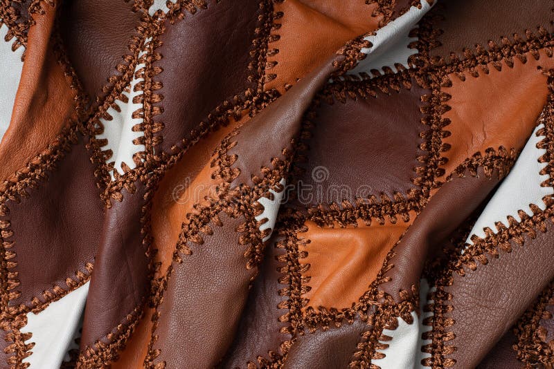 Pieces of Multi-colored Leather Sewn with Thread, Dented Fabric. Stock ...