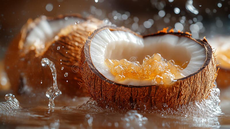 Pieces of Nuts, Coconut Water and Split Coconuts Stock Illustration ...