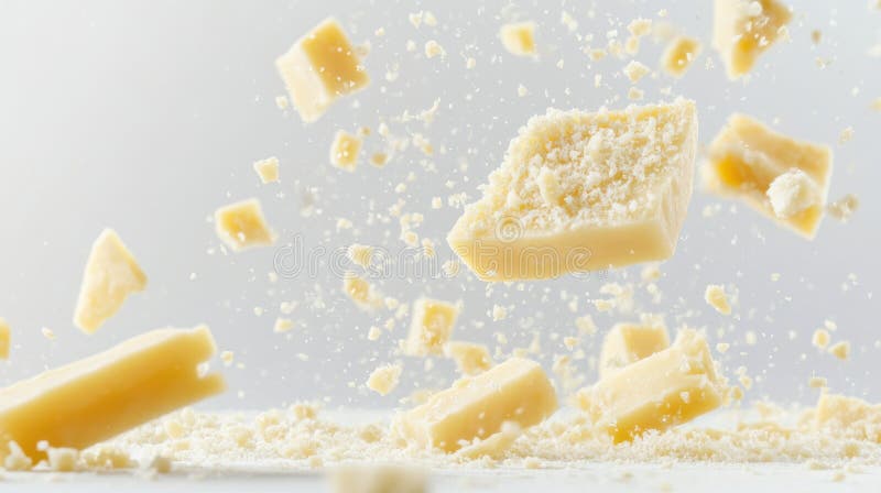Pieces of Parmesan Cheese Flying and Crumbling on Light Background ...