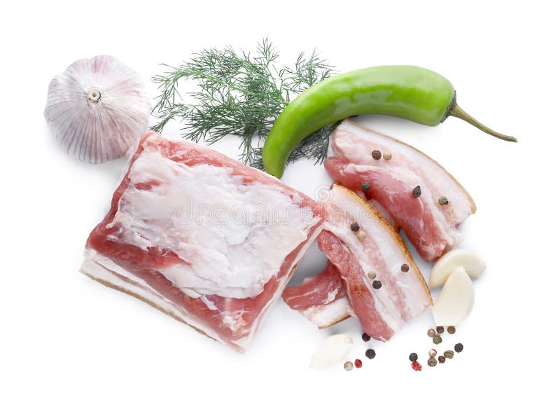 Pieces of Pork Fatback and Different Spices on White Background, Top ...