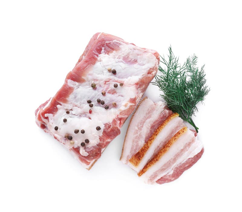 Pieces of Pork Fatback with Dill and Spices Isolated on White, Top View ...