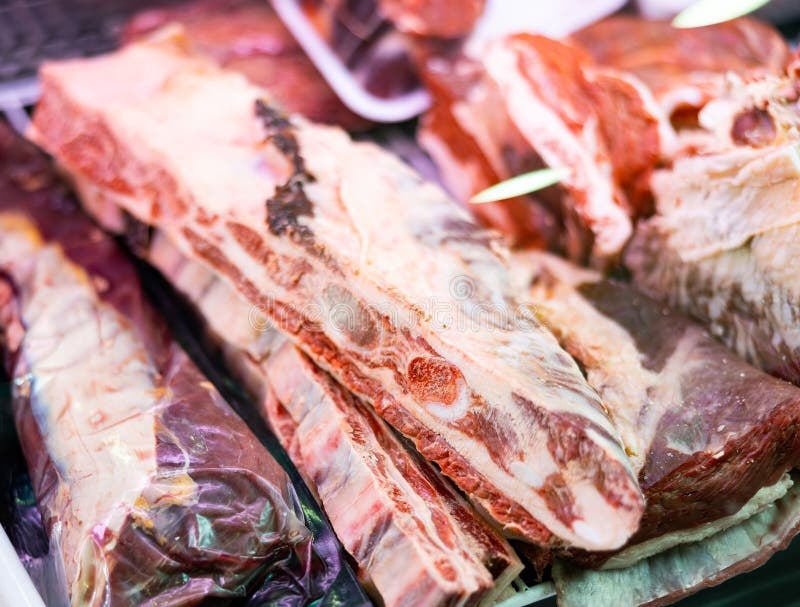 Pieces of Raw Beef Lie in Shop Window Stock Photo - Image of beef ...