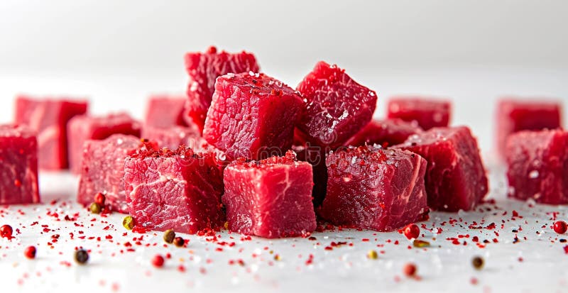 Pieces of Raw Beef. Set of Fresh Beef Cubes Isolated on White ...