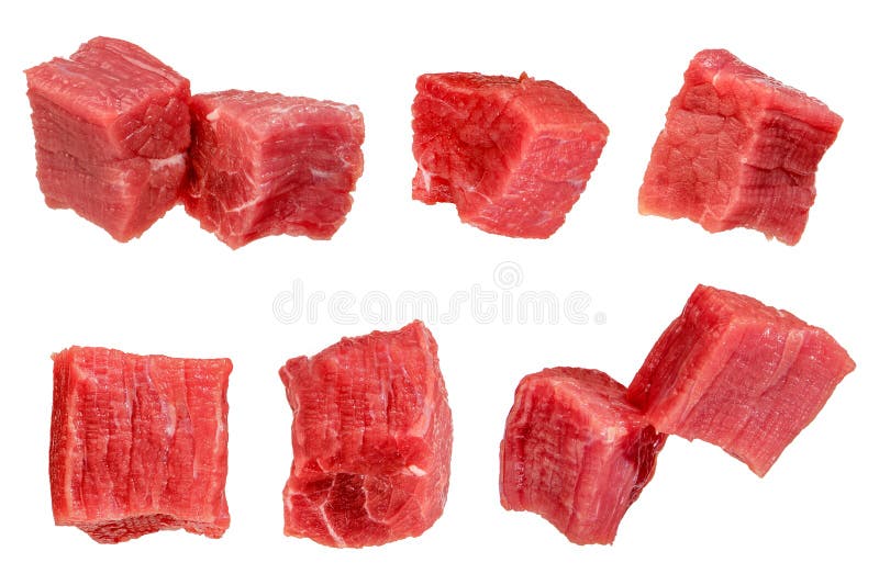 Pieces of Raw Beef. Set of Fresh Beef Cubes Isolated on White ...