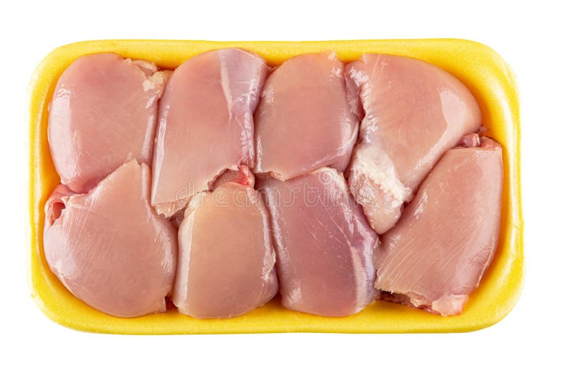 Pieces of Raw Chicken Fillet in Yellow Container Isolated on White. Top ...
