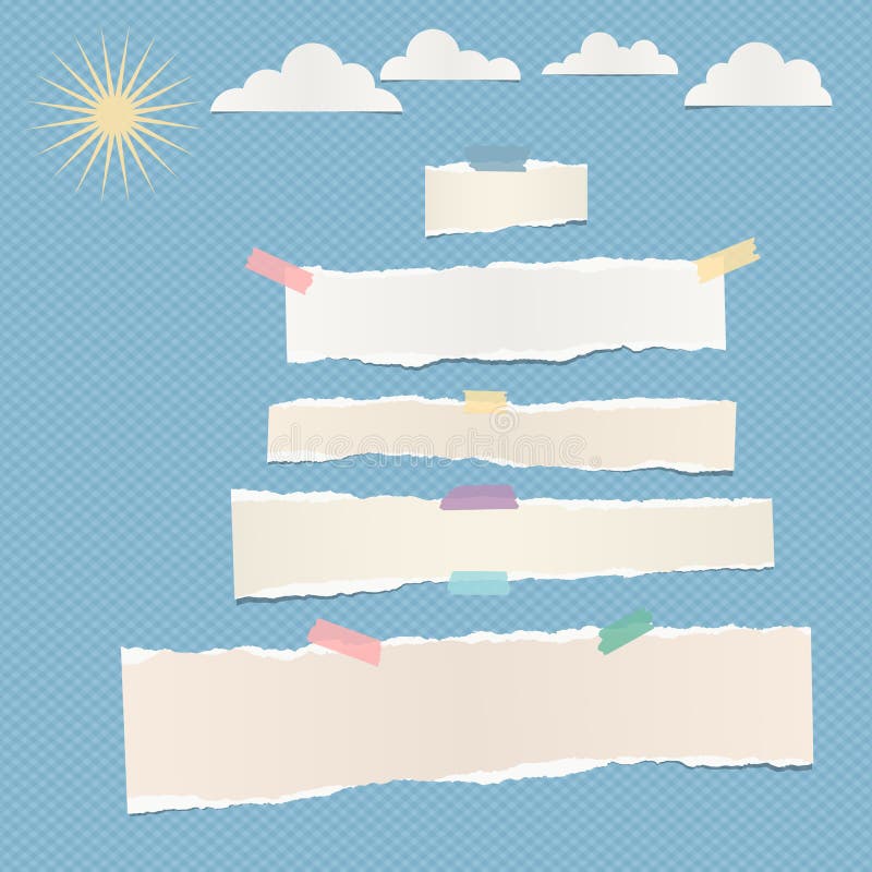 Pieces of Ripped White Blank Note, Notebook Paper with Clouds and Sun ...