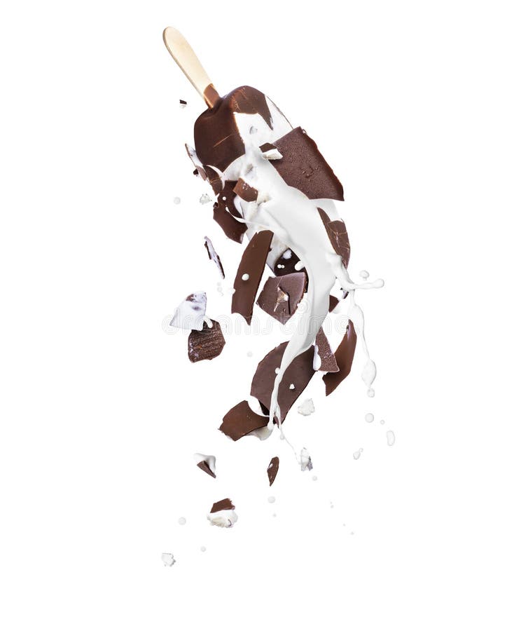 Pieces and Splashes of Chocolate Ice Cream Fall Down on White ...