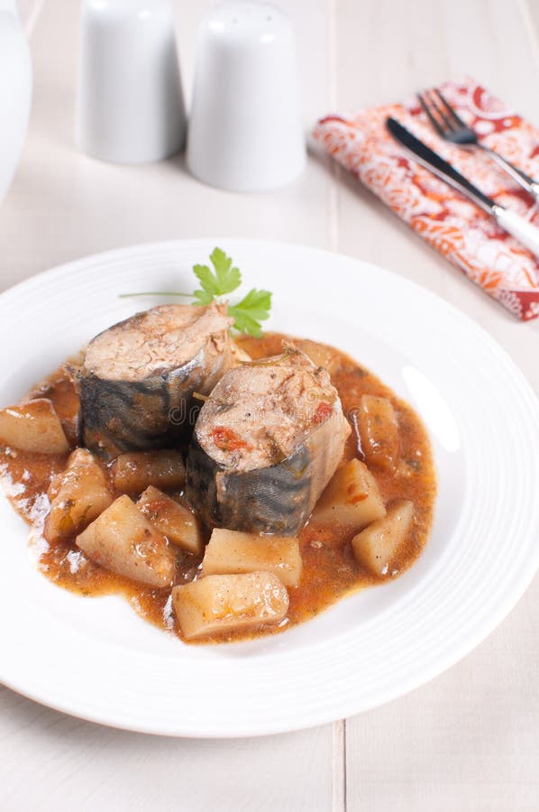 Pieces of Stewed Mackerel with Vegetable Stew Stock Photo - Image of ...