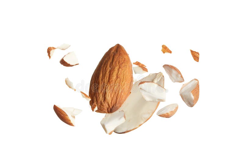 Pieces of Tasty Almonds Falling on White Background Stock Image - Image ...