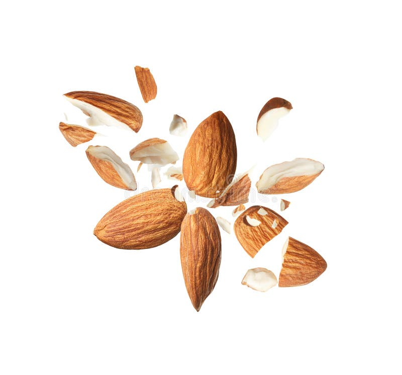 Pieces of Tasty Almonds Falling on White Background Stock Image - Image ...