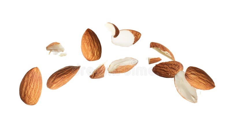 Pieces of Tasty Almonds Falling on White Background Stock Image - Image ...