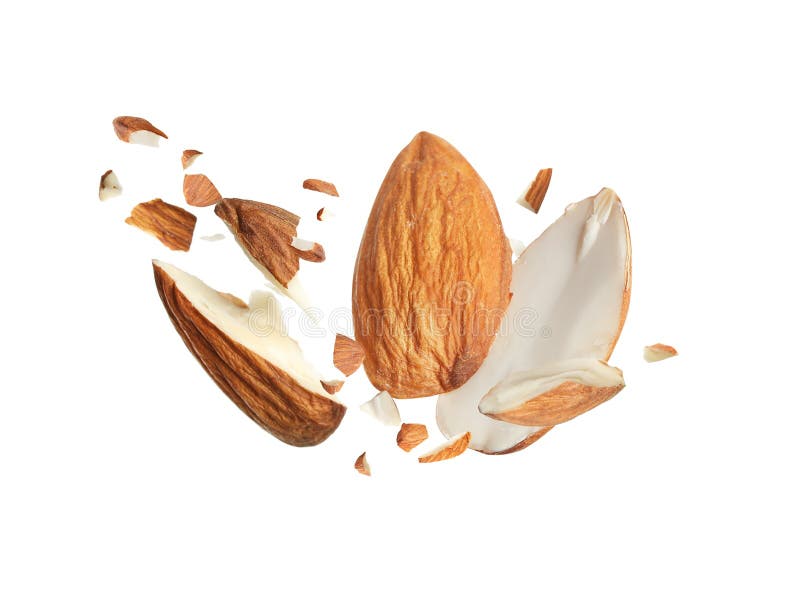 Pieces of Tasty Almonds Falling on White Background Stock Image - Image ...