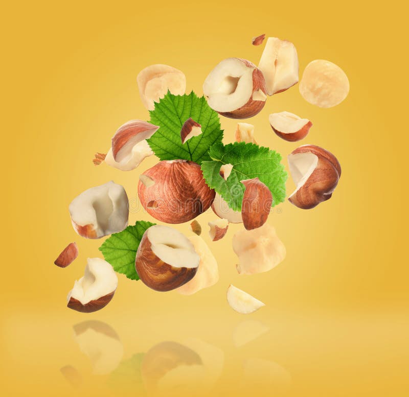 Pieces of Tasty Hazelnuts Falling on Yellow Background Stock Photo ... Pieces of Tasty Hazelnuts Falling on Yellow Background Stock Photo ...