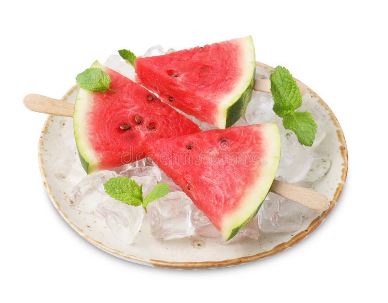 Pieces of Tasty Watermelon, Ice Cubes and Mint Isolated on White Stock Photo - Image of ripe ...