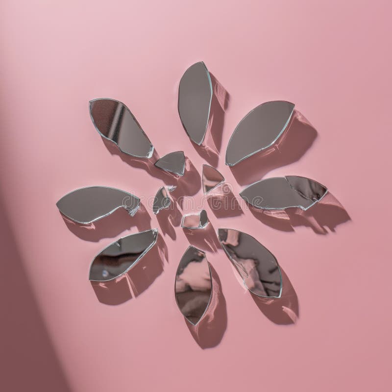 Shattered Glass Pieces Scattered on Pink Background with Soft Shadows ...