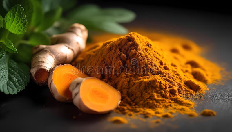 Pieces of Turmeric Root are on a Black Surface Stock Illustration ...