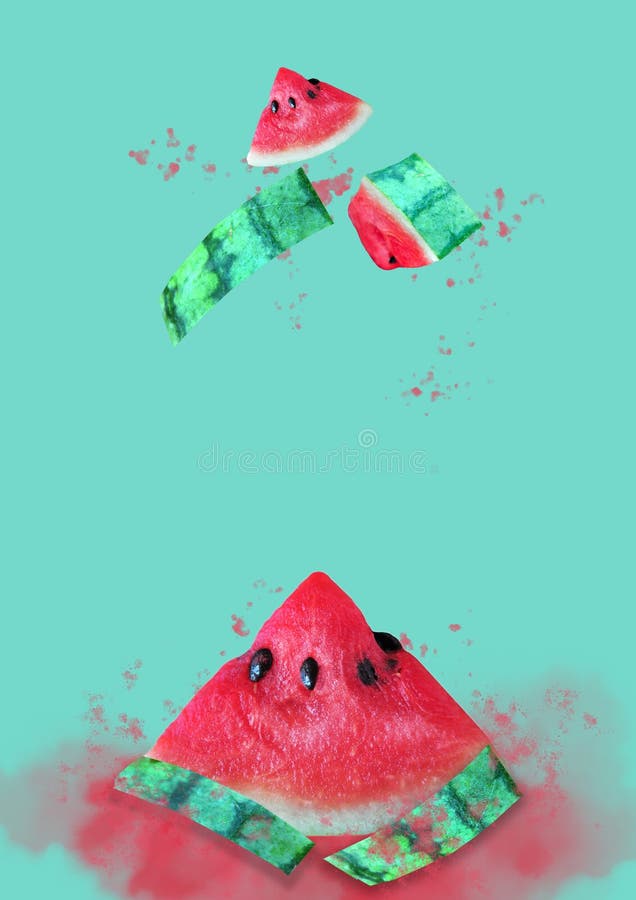 Pieces of Watermelon Splash on Green Background Stock Image - Image of ...