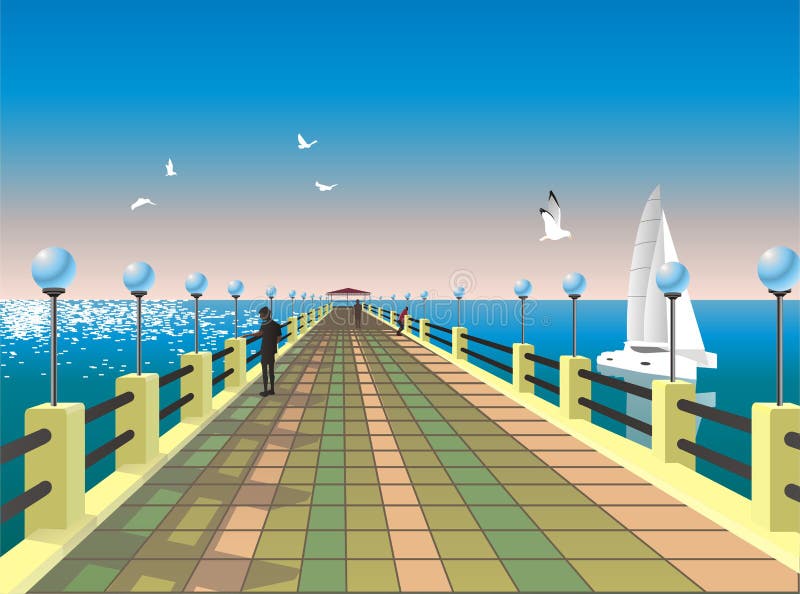 Seafront Pier Graphic Yacht Black White Landscape Sketch Illustration ...