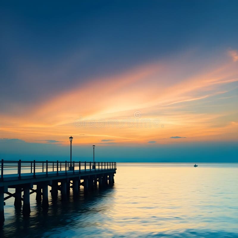 A Pier with Breathtaking Sea View, Gradient Sunset Sky, Reflection on ...