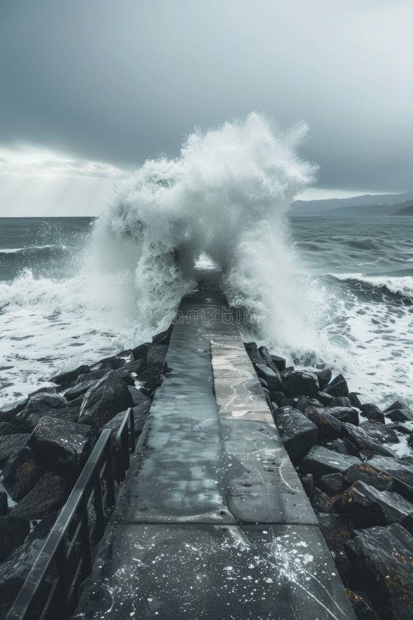 Pier with crashing waves stock image. Image of blue - 376783221