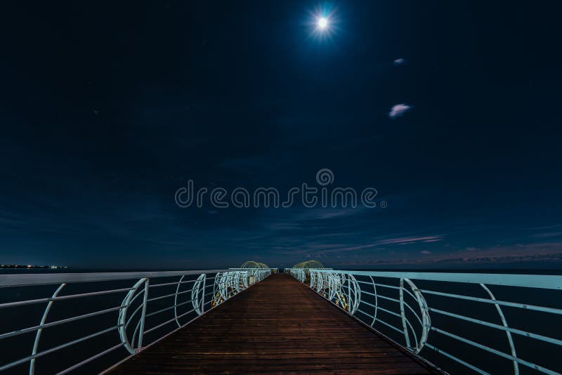 Pier on Lake at Night in the Moonlight Stock Photo - Image of nature ...