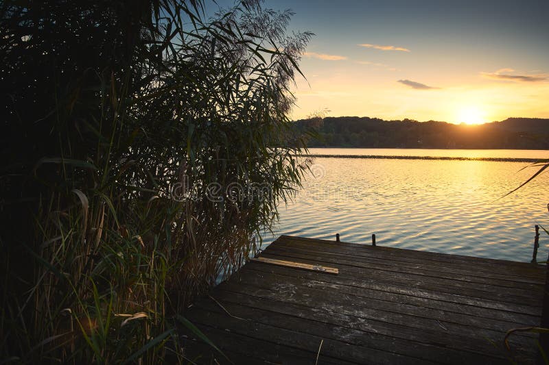 Pier on the Lake Sunset Idyllic Mood Stock Image - Image of calm ...