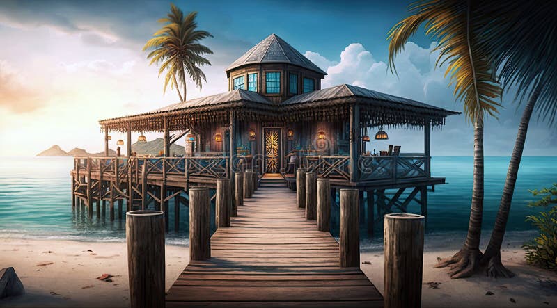 A Pier with a Small Beach Bar at the End Featuring Tropical Drinks ...