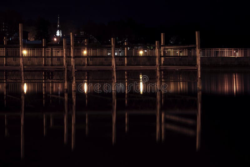 Pier in a Small Lake Front Village at Night Stock Image - Image of wodd ...