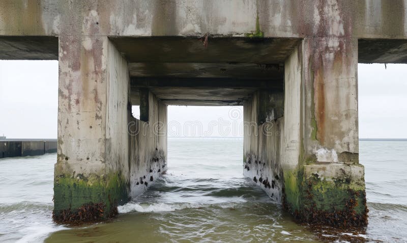 Pier Structure Under Water, Weathered Concrete, Seaweed Growth, Calm ...