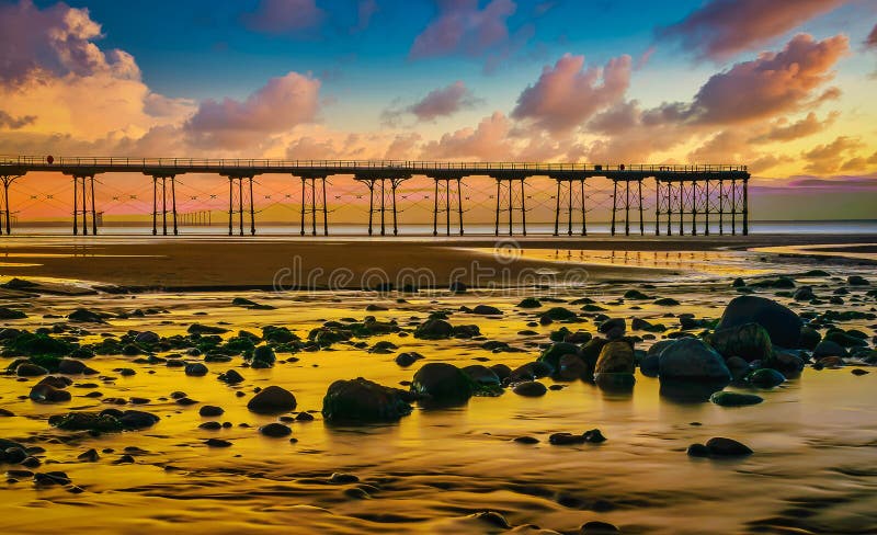 Sunset at Saltburn stock image. Image of reflections - 61316077