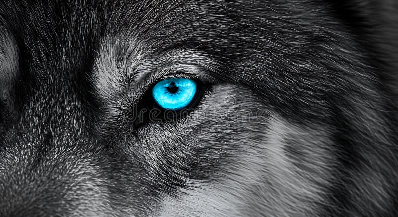 Piercing Gaze, a Close-up of a Wolf S Bright Blue Eye in Monochrome Fur ...