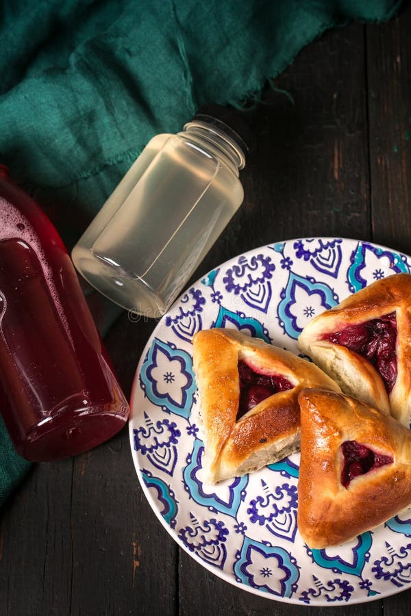 Pies with Cherries and Drink Bottles Stock Image - Image of cherry ...