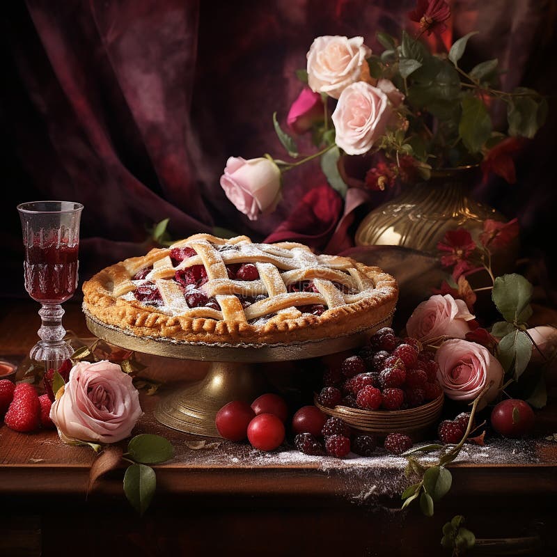 Beautiful Pies Displayed with Fruit and Floral. Stock Illustration ...