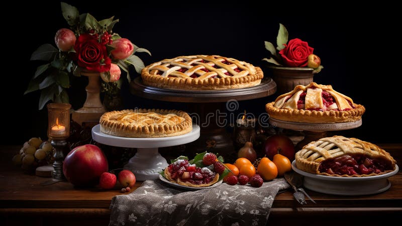 Beautiful Pies Displayed with Fruit and Floral. Stock Illustration ...