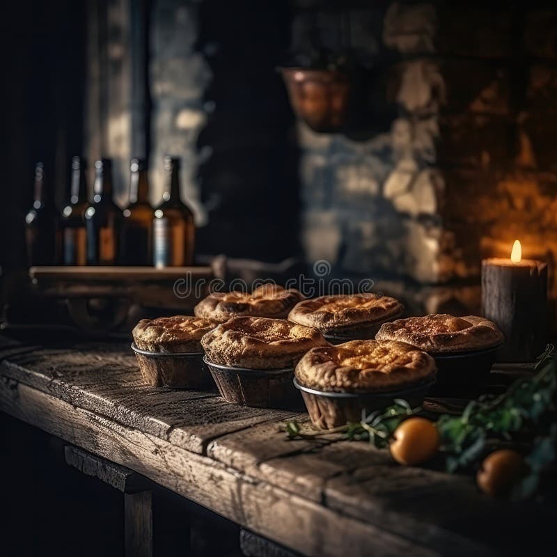Pies on Stone in Rustic Pub. Generative AI Stock Illustration ...